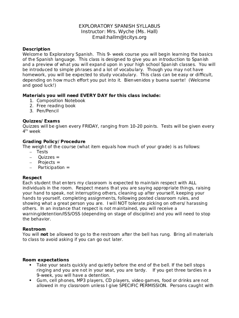 EXPLORATORY SPANISH: 7th/8th Grade Course Syllabus - images pcmac Doc ...