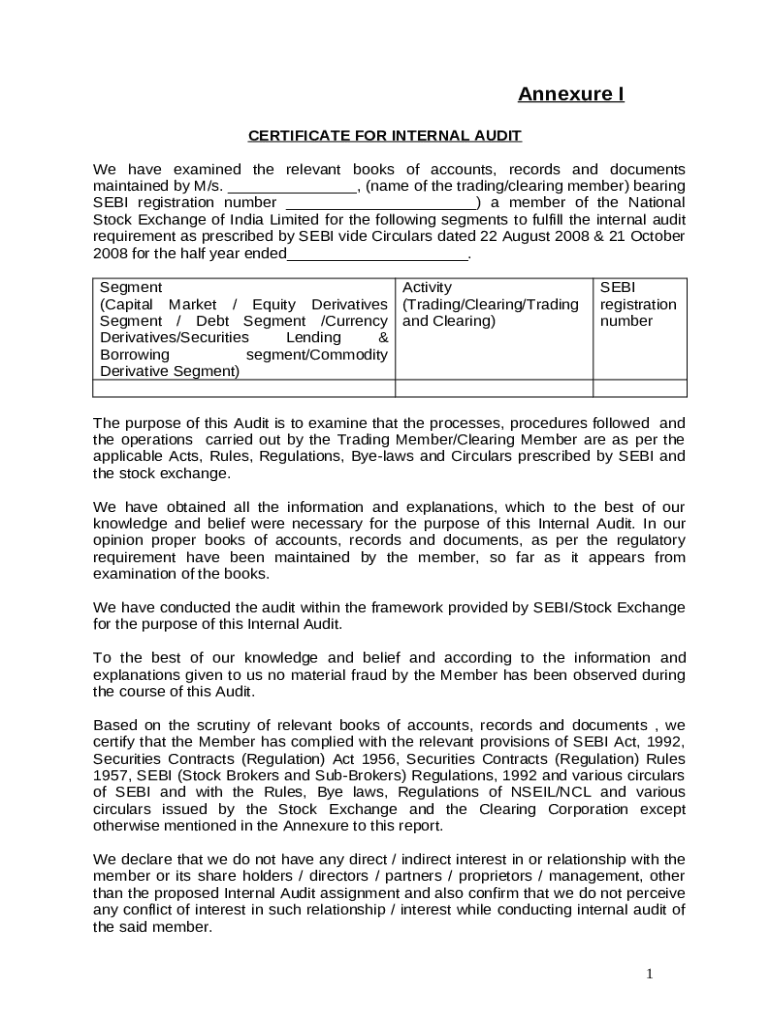 Annexure - I CERTIFICATE FOR INTERNAL AUDIT Doc Template | pdfFiller