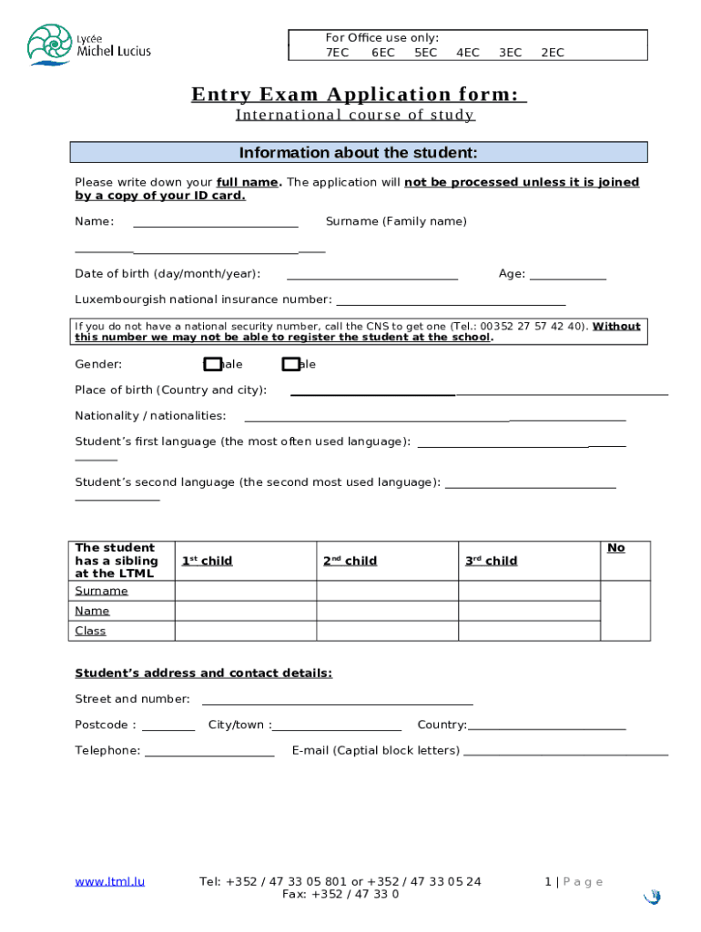 Entry Exam Application Doc Template | pdfFiller