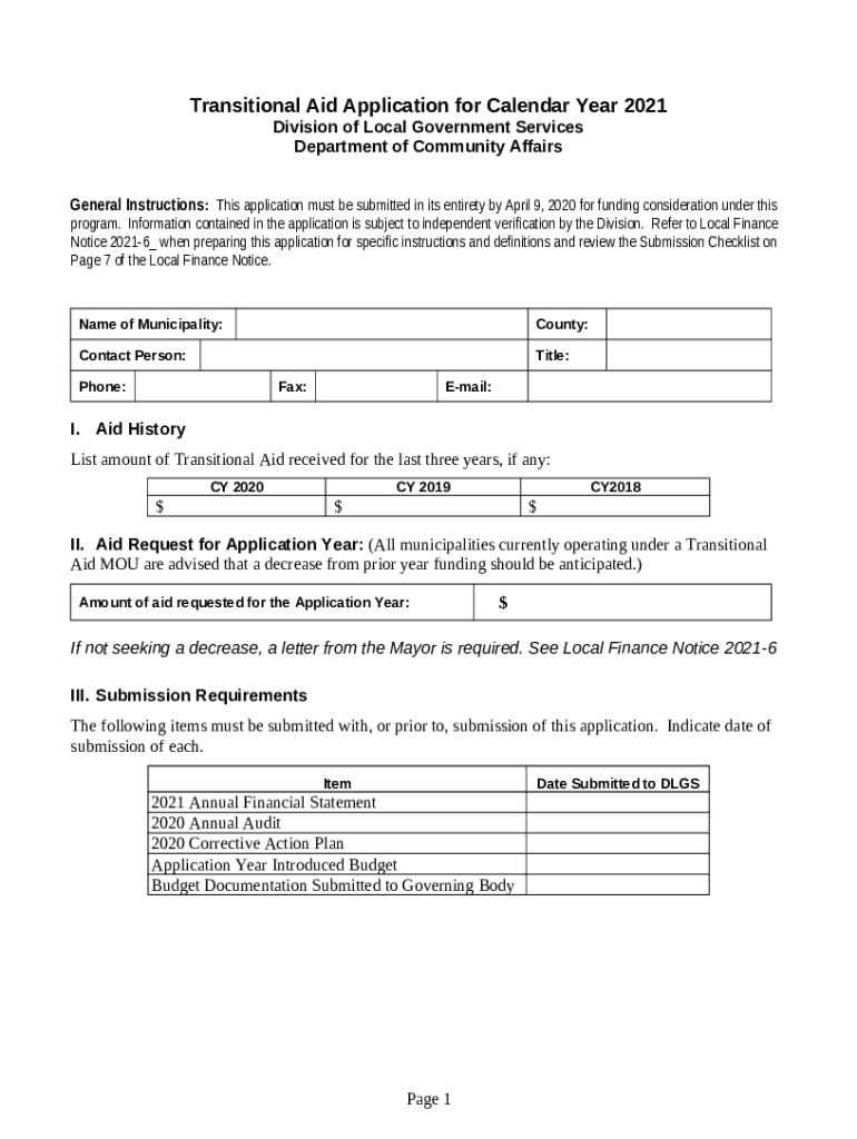 Transitional Aid Application for Calendar Year 2021 Doc Template | pdfFiller