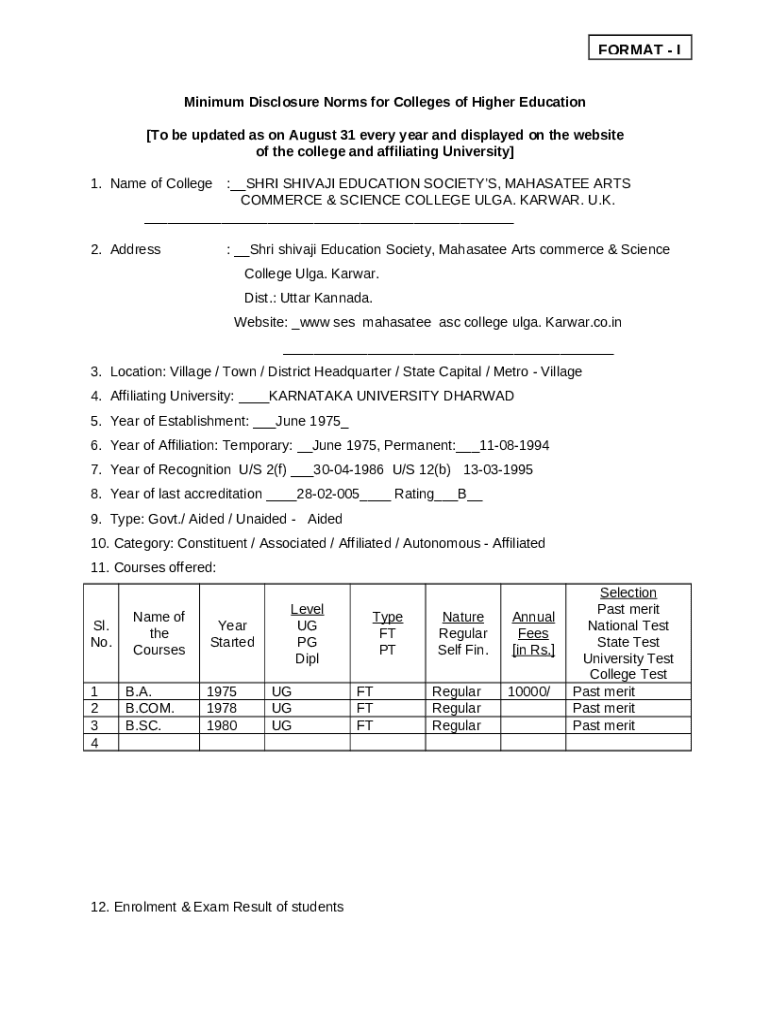 Minimum Disclosure Norms for Colleges of Higher ... Doc Template ...