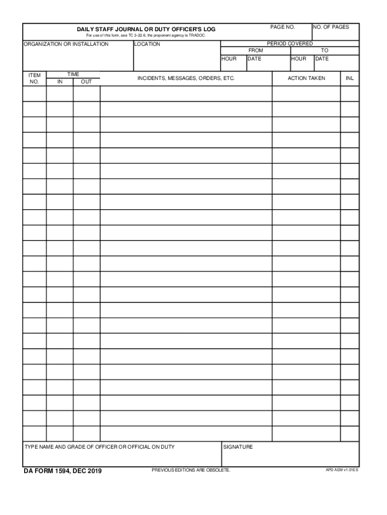 Fillable Online armypubs army DA FORM 1594 - Army Publishing ...