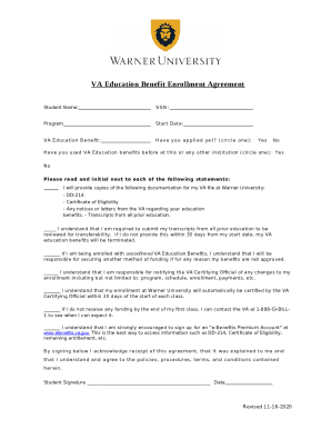 VA Education Benefit Enrollment Agreement Doc Template | pdfFiller