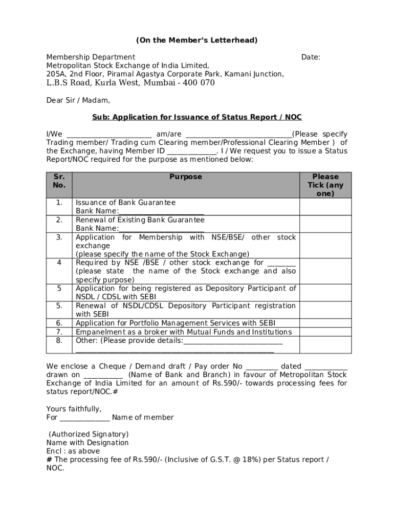 Application for issue of Status Report / NOC Doc Template | pdfFiller