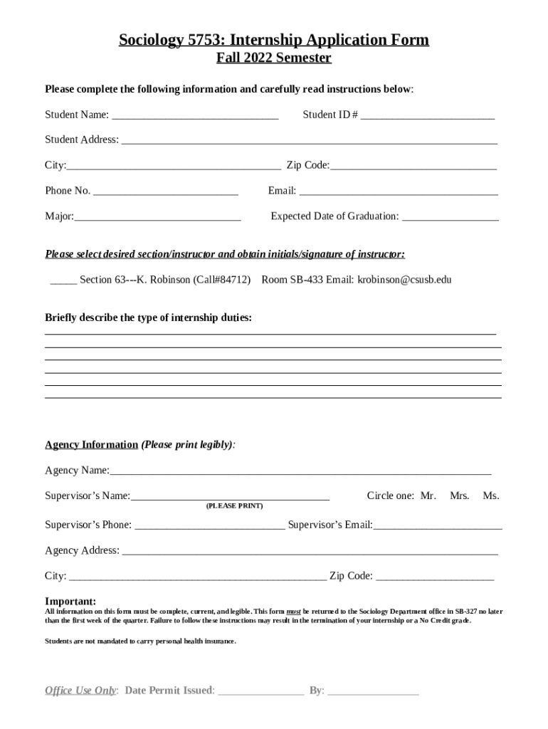 Sociology 575: Internship Enrollment Request Doc Template | pdfFiller