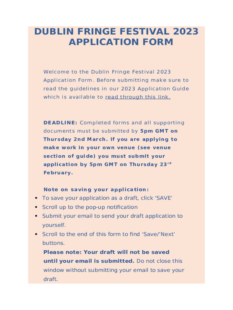 dublin fringe festival 2023 application Doc Template | pdfFiller