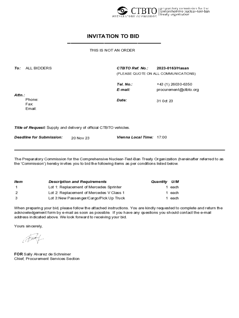 Fillable Online Title of Request: Supply and delivery of official CTBTO vehicles Fax Email Print ...