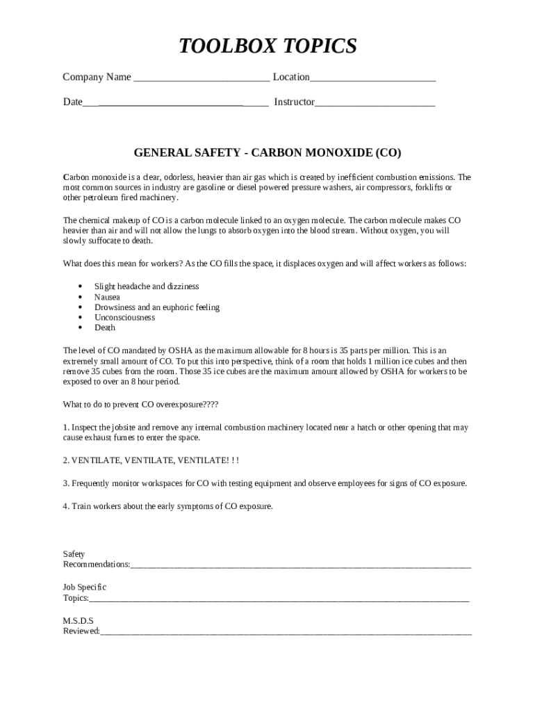 Toolbox Talk: Carbon Monoxide - Missouri Department of Labor Doc ...