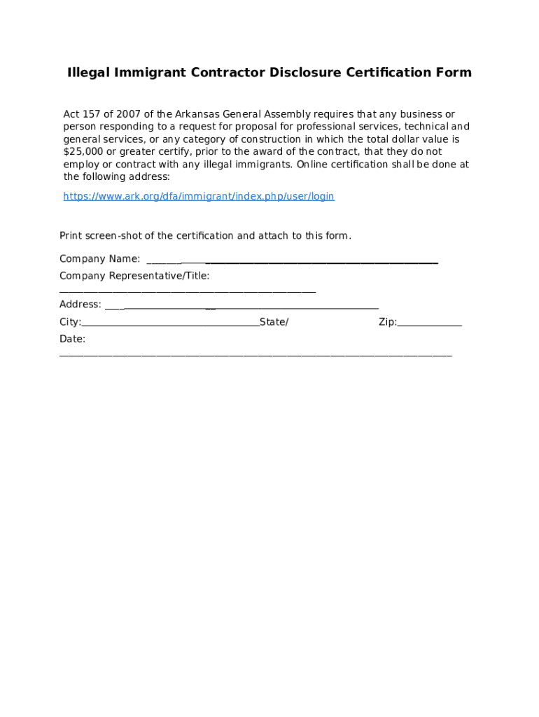 Illegal Immigrant Contractor Disclosure Certification Doc Template ...