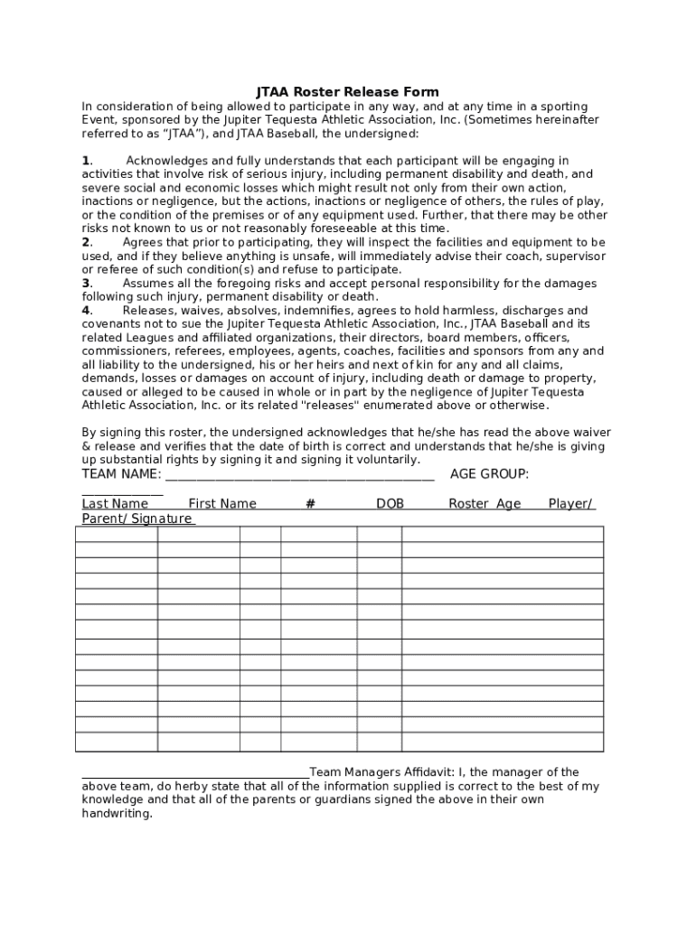 JTAA Roster Release Doc Template | pdfFiller