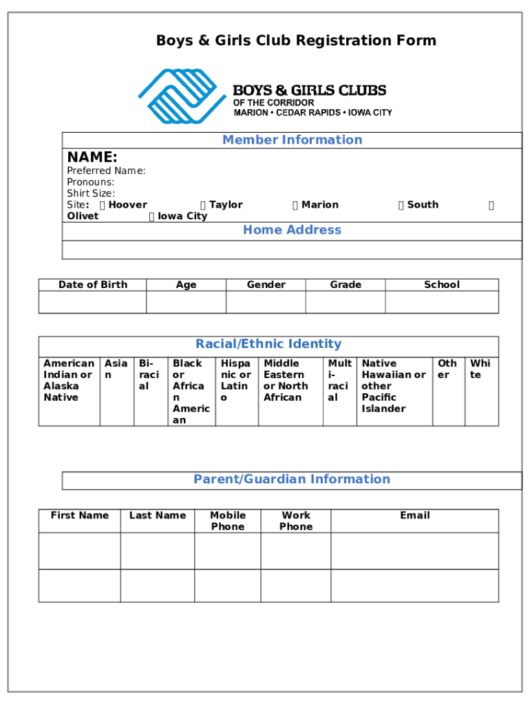 Boys & Girls Club Registration Doc Template | pdfFiller