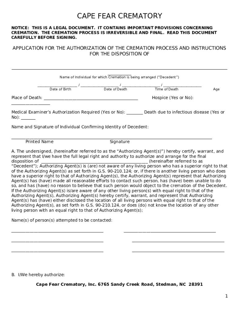 BEST PRACTICE The Cremation Authorization should ... Doc Template | pdfFiller