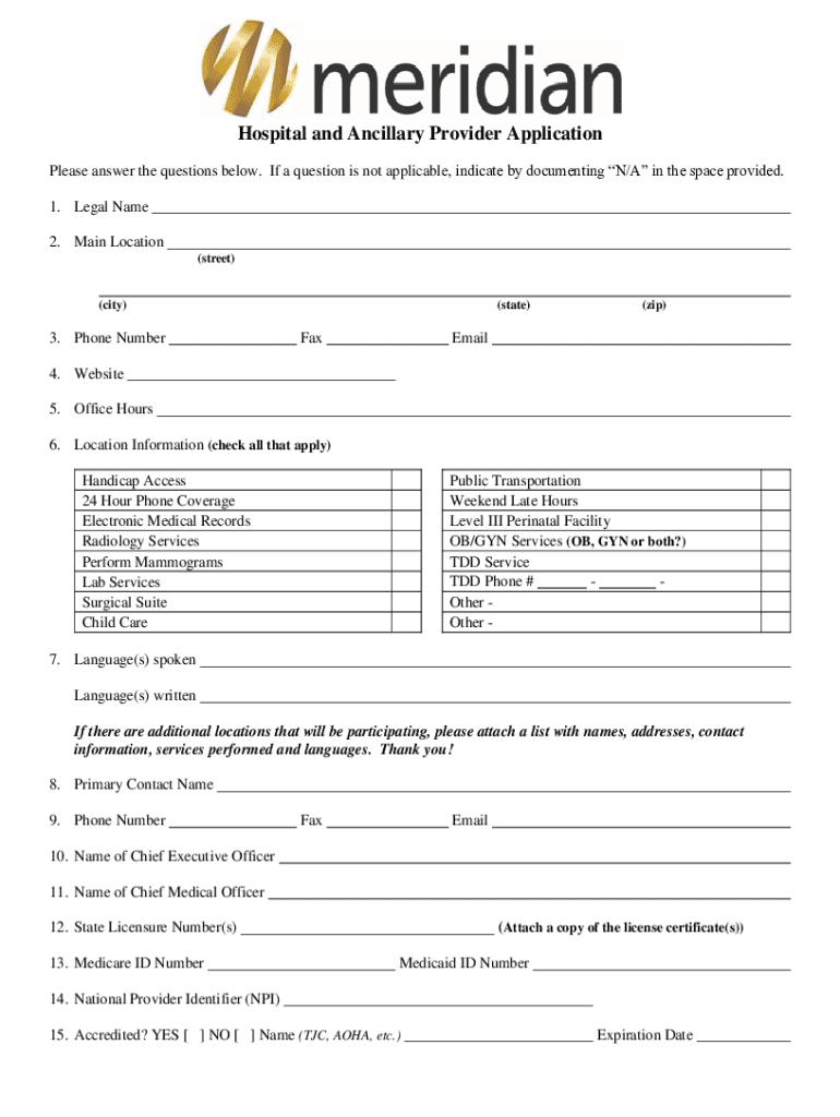 Fillable Online Hospital and Ancillary Provider Application Fax Email Print - pdfFiller