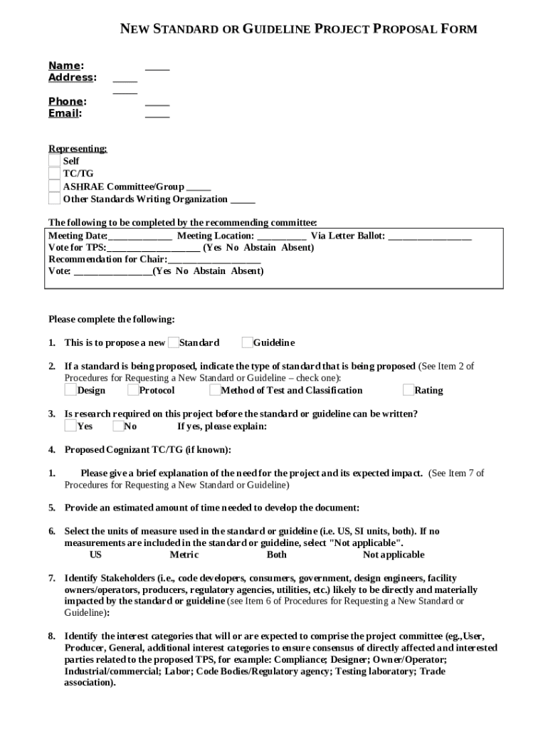 New Standard or Guideline Project Proposal Doc Template | pdfFiller