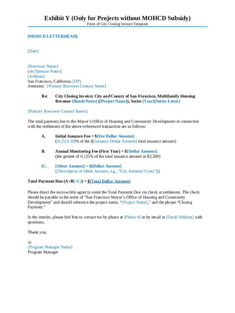 Exhibit Y City Closing Invoice Template Doc Template | pdfFiller