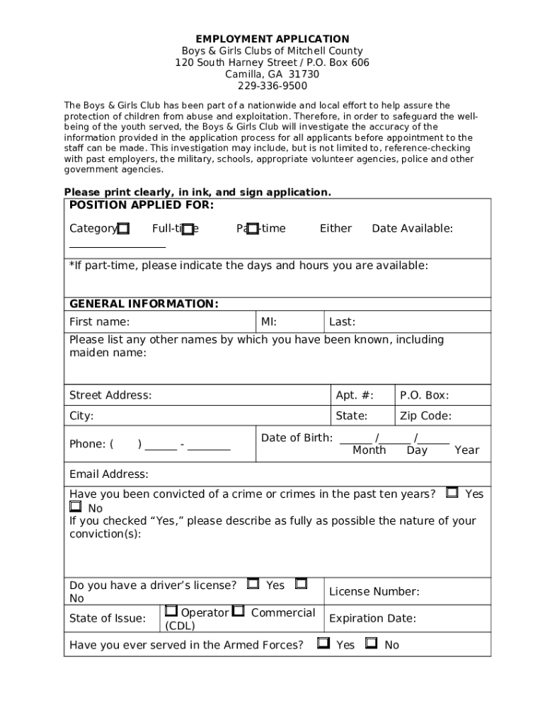 EMPLOYMENT APPLICATION Boys & Girls Clubs of ... Doc Template | pdfFiller