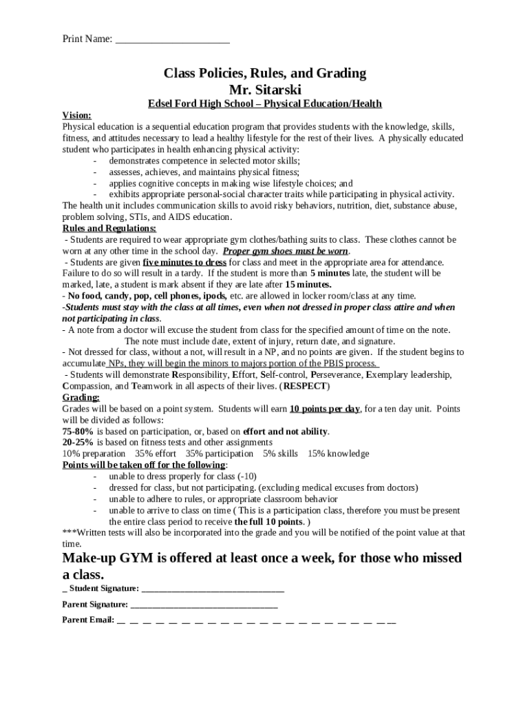 Class Policies, Rules, and Grading Mr. Sitarski Doc Template | pdfFiller
