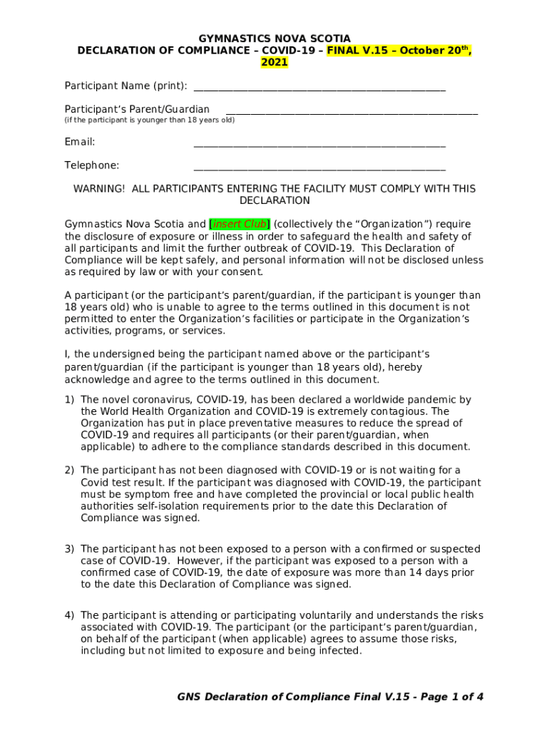 GYMNASTICS ONTARIO DECLARATION OF COMPLIANCE Doc Template | pdfFiller