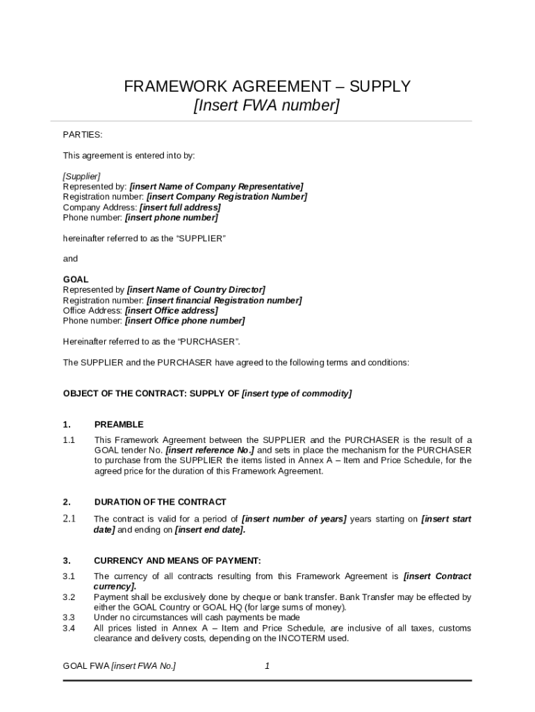 FRAMEWORK AGREEMENT SUPPLY Insert FWA number Doc Template | pdfFiller