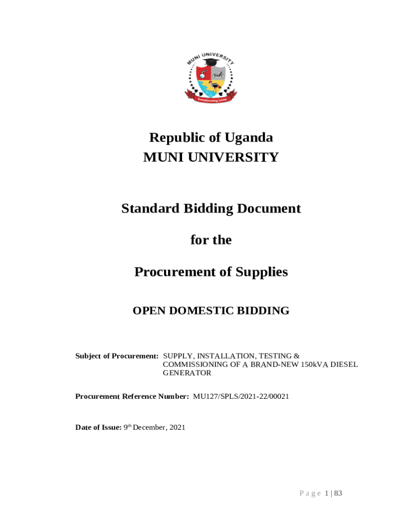 Supply and Installation of 150KvA Diesel Generator - muni ac Doc Template | pdfFiller