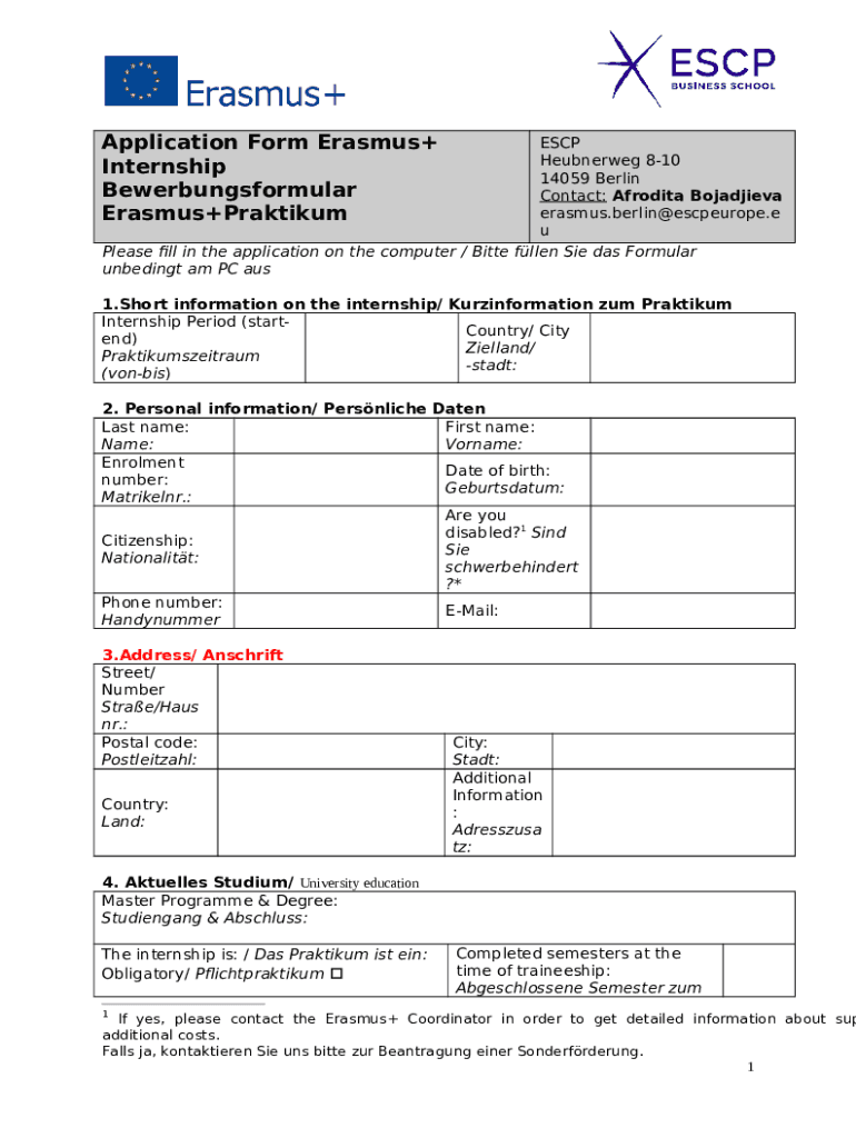 Bewerbungsular Erasmus+-Praktikum/ Application Erasmus+ Internship Doc ...