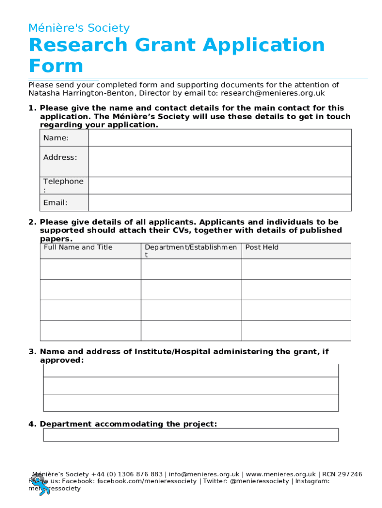 RESEARCH GRANT APPLICATION - Meniere's Society Doc Template | pdfFiller