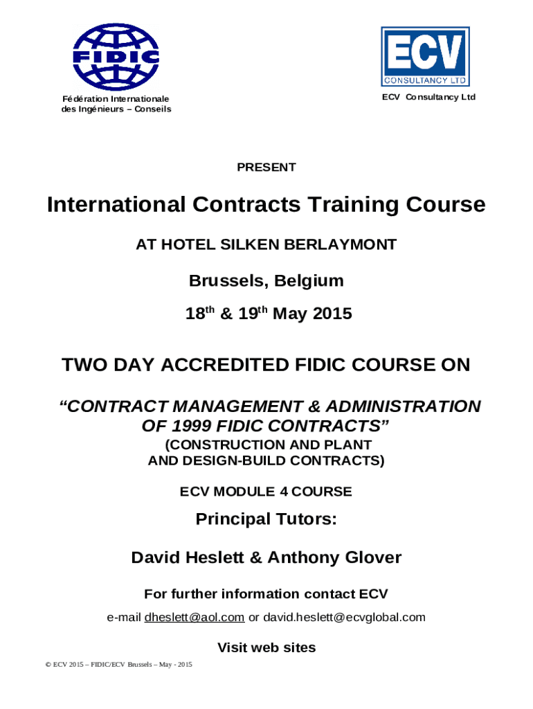 International FIDIC Contracts Training Course AT HOTEL ... Doc Template | pdfFiller