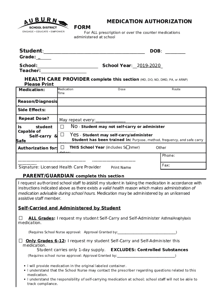 Medication authorization - Auburn School District Doc Template | pdfFiller