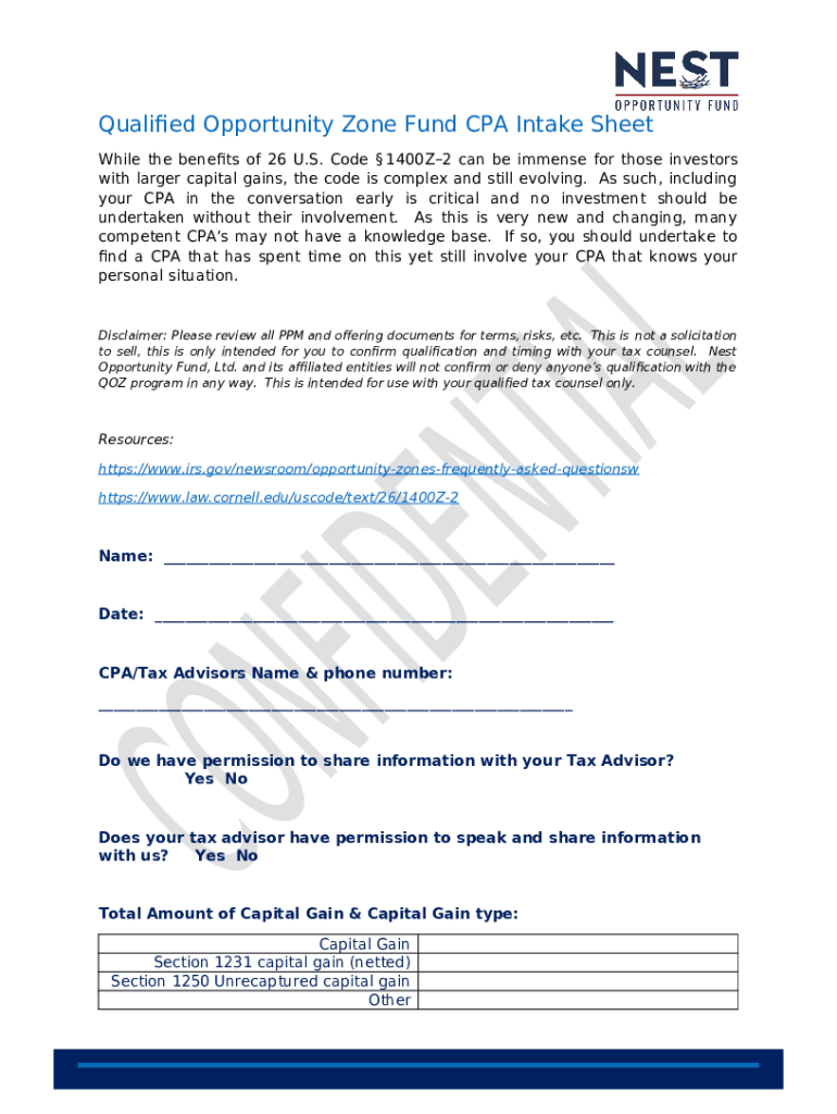 Qualified Opportunity Zone Fund CPA Intake Sheet Doc Template | pdfFiller
