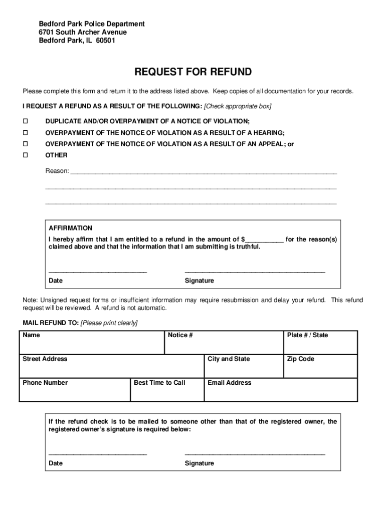 Fillable Online Bedford Park Refund Request Form v1.1.doc Fax Email Print - pdfFiller