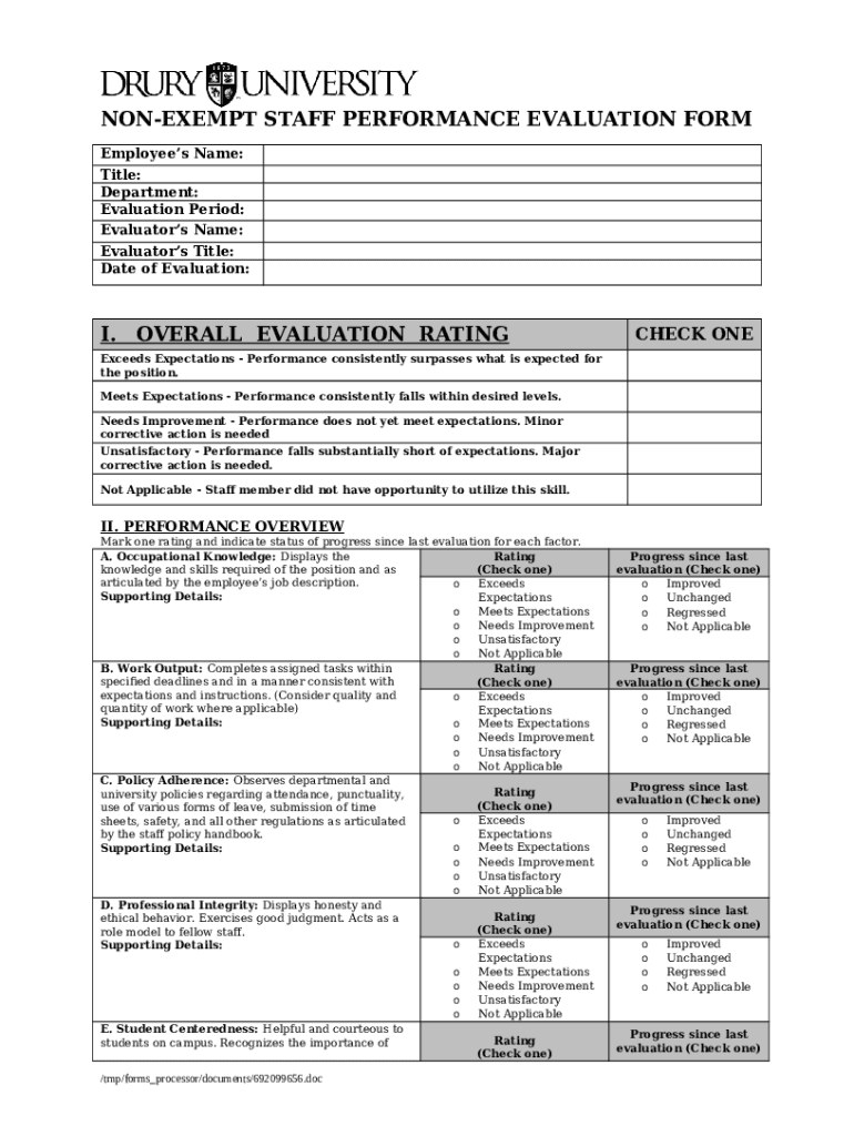 NON-EXEMPT STAFF PERANCE EVALUATION Doc Template | pdfFiller