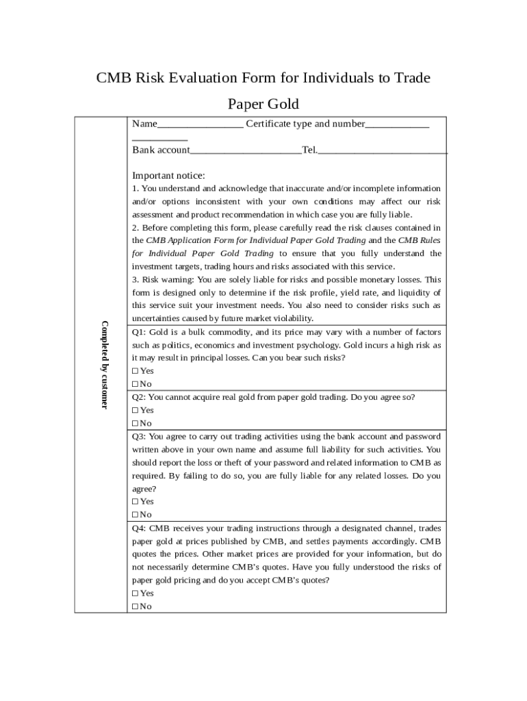 CMB Risk Evaluation for Individuals to Trade Paper Gold Doc Template ...