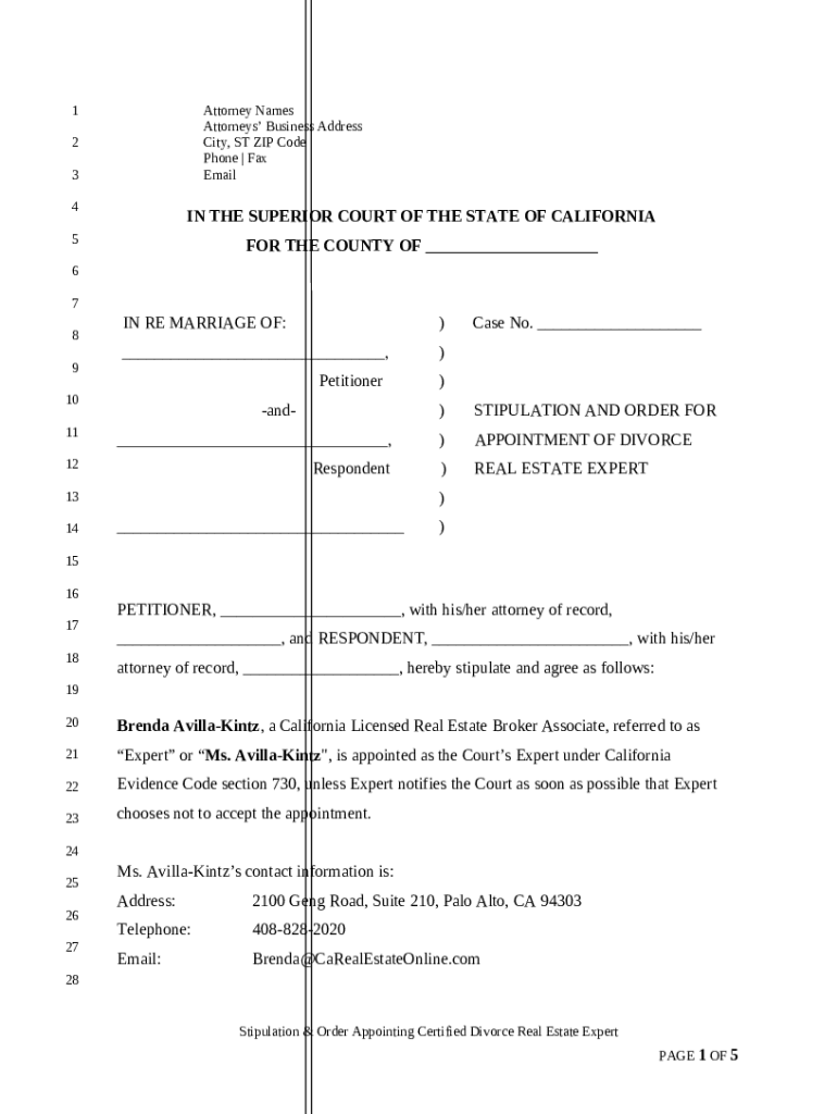 STIPULATION AND ORDER FOR APPOINTMENT OF DIVORCE REAL ESTATE EXPERT Doc ...