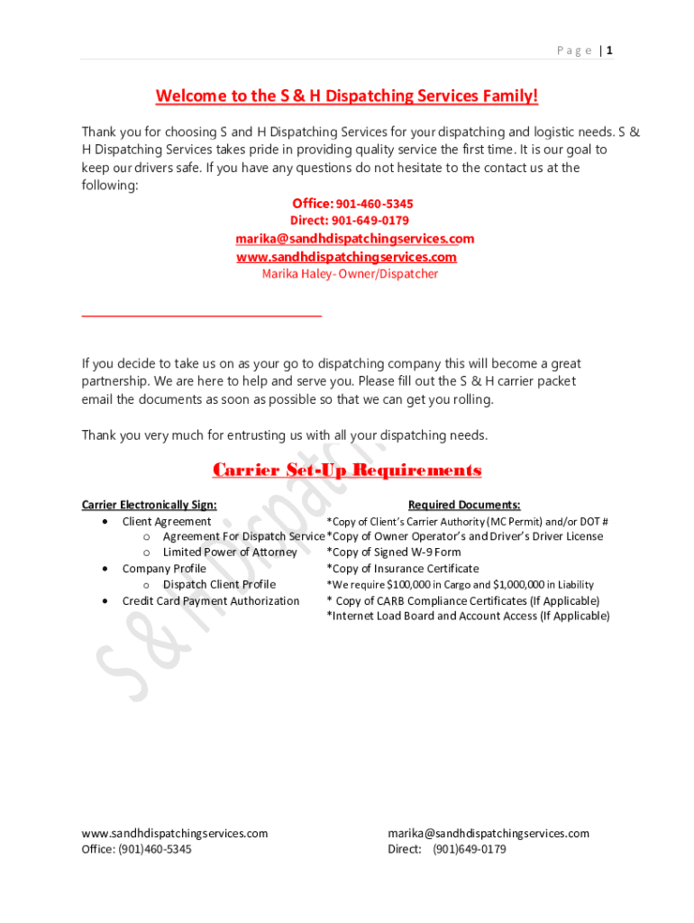 Fillable Online the S & H Dispatching Services Family! Fax Email Print - pdfFiller