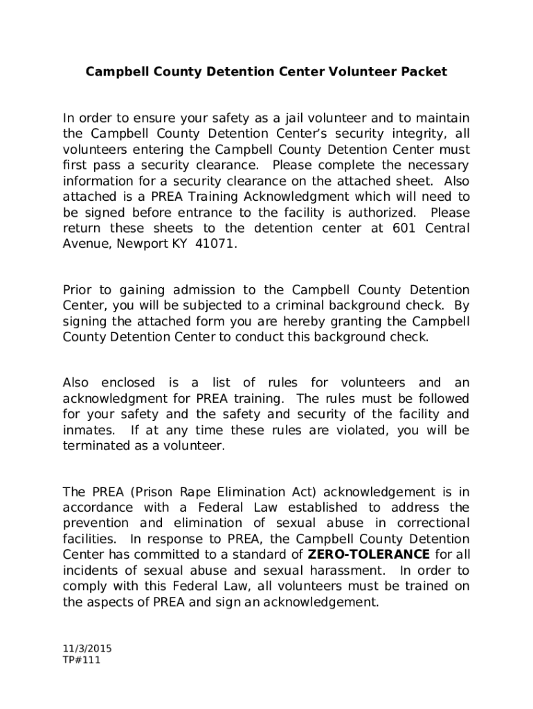 Campbell County Detention Center Volunteer Packet Doc Template | pdfFiller