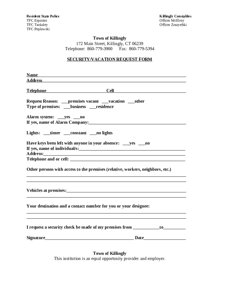 SECURITY/VACATION REQUEST Doc Template | pdfFiller