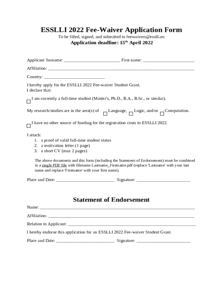 ESSLLI 2022 Fee-Waiver Application Doc Template | pdfFiller
