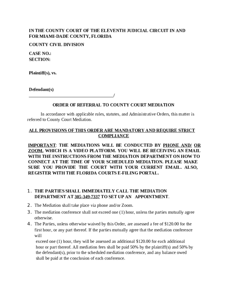 ORDER REFERRING PARTIES TO MEDIATION Doc Template | pdfFiller