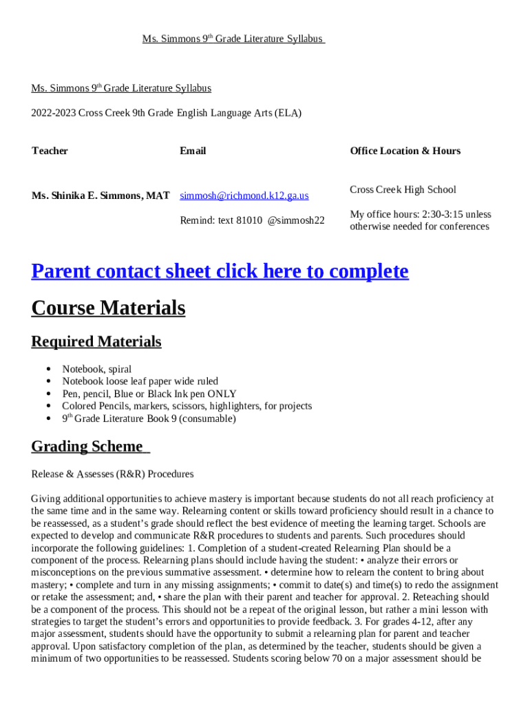 Ms. Simmons 9 th Grade Literature Syllabus Doc Template | pdfFiller