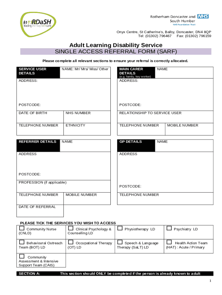 Online rdash nhs Single Access Referral ... Doc Template | pdfFiller
