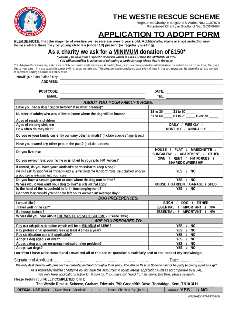 WRS Adoption Application. Adoption Application - westierescuescheme org Doc Template | pdfFiller