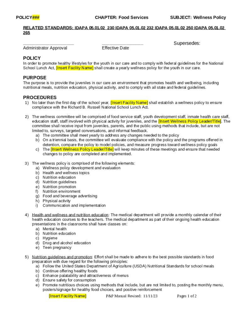 Sample RCCI Wellness Policy. Local Wellness Policy Doc Template | pdfFiller