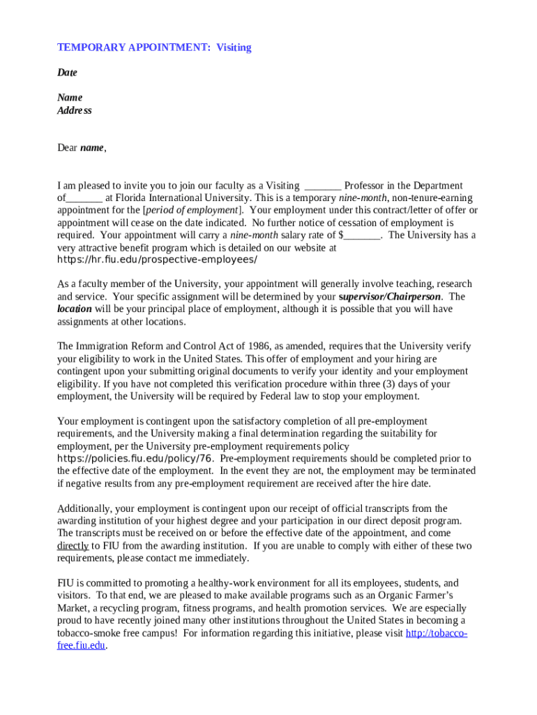 FACULTY LETTER OF OFFER: Rank/Salary Contingent Upon ... - provost fiu Doc Template | pdfFiller