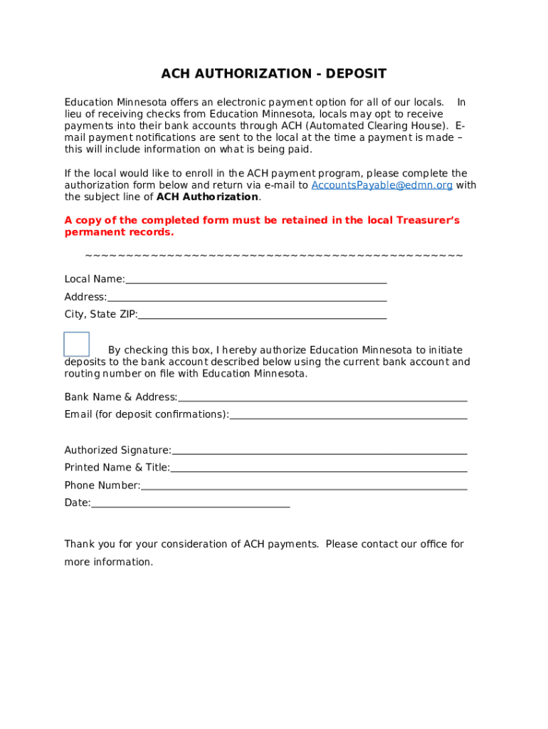 ach authorization - deposit Doc Template | pdfFiller