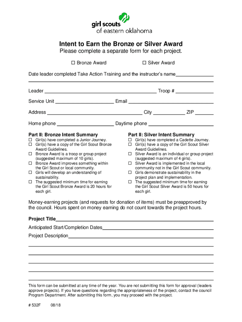 Fillable Online 532F Intent to Earn Bronze or Silver Award. 532 F - Intent to Earn Bronze or ...