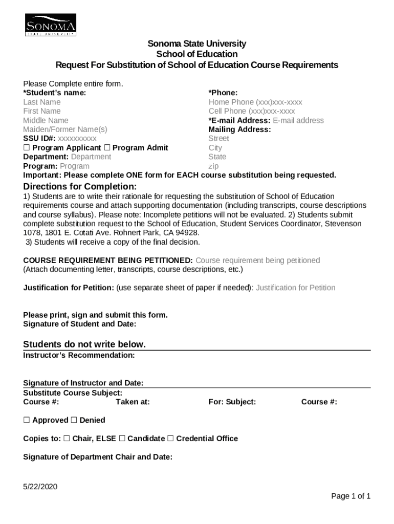 Request For Substitution of School of Education Course Requirements Doc ...