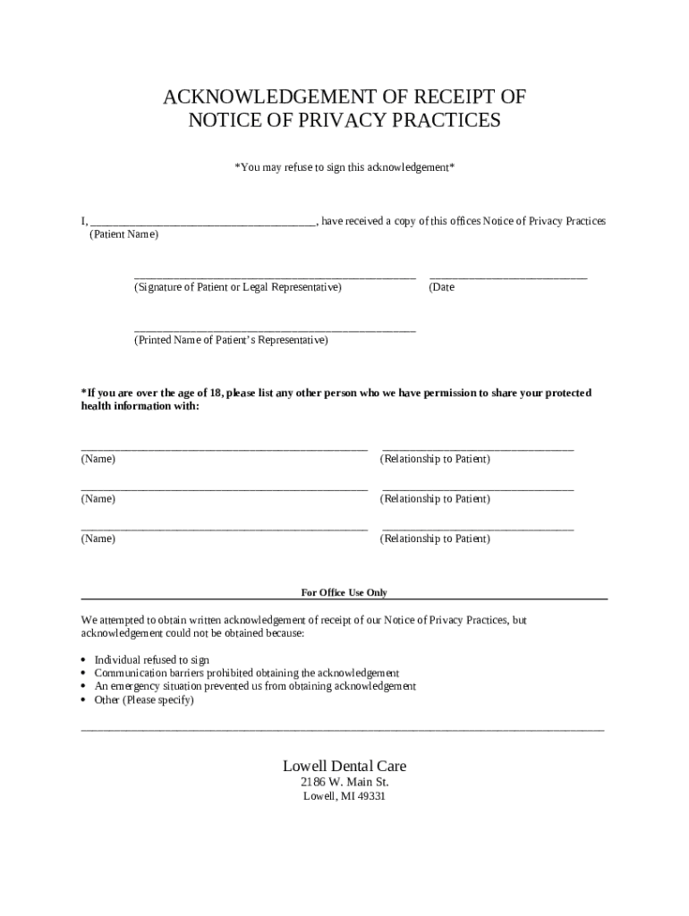notice of privacy practice acknowledgement of receipt ... Doc Template ...