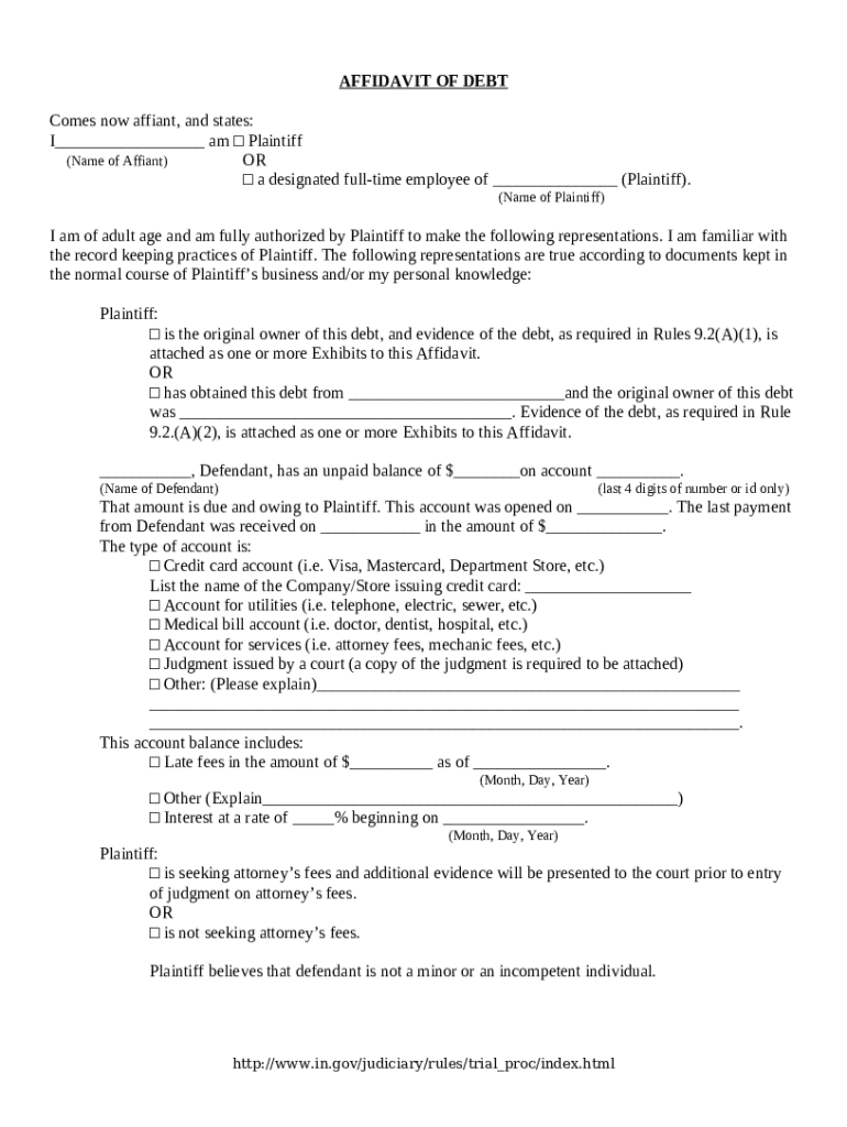 AFFIDAVIT OF DEBT (SMALL CLAIM) Comes now affiant, ... Doc Template ...