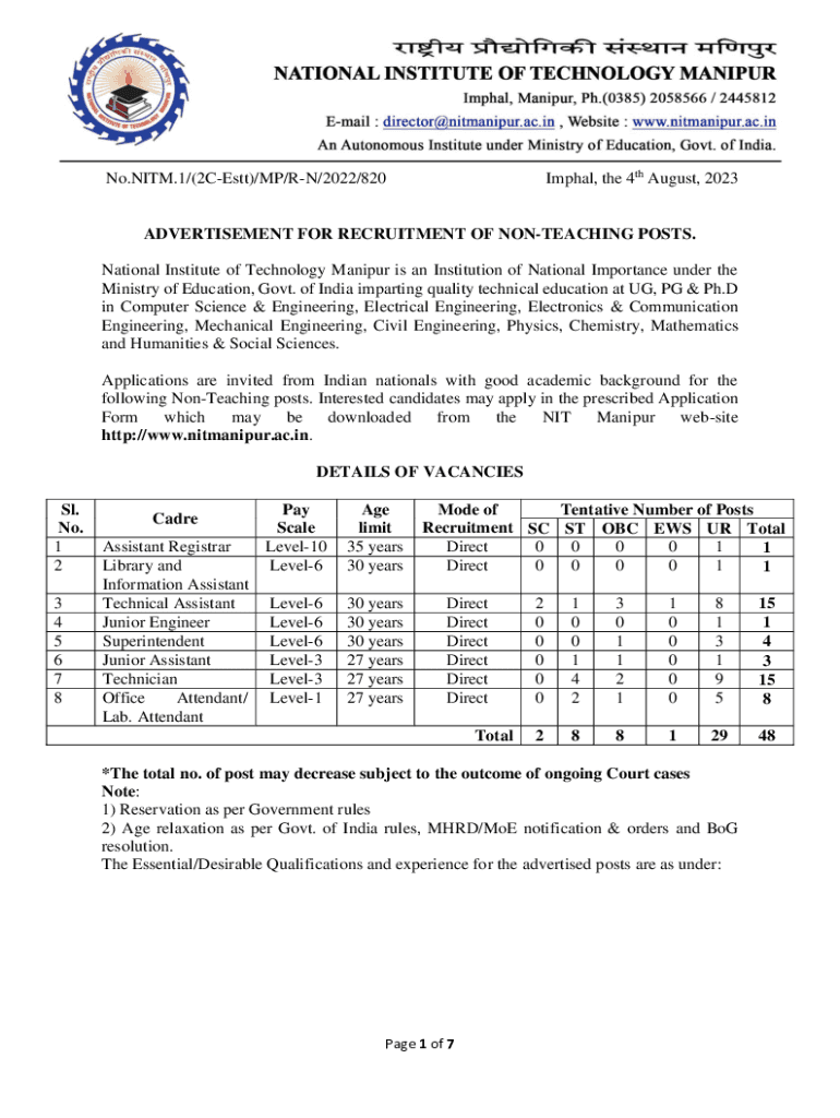 Fillable Online NIT Manipur Recruitment 2023 Application Form 48 Non ...