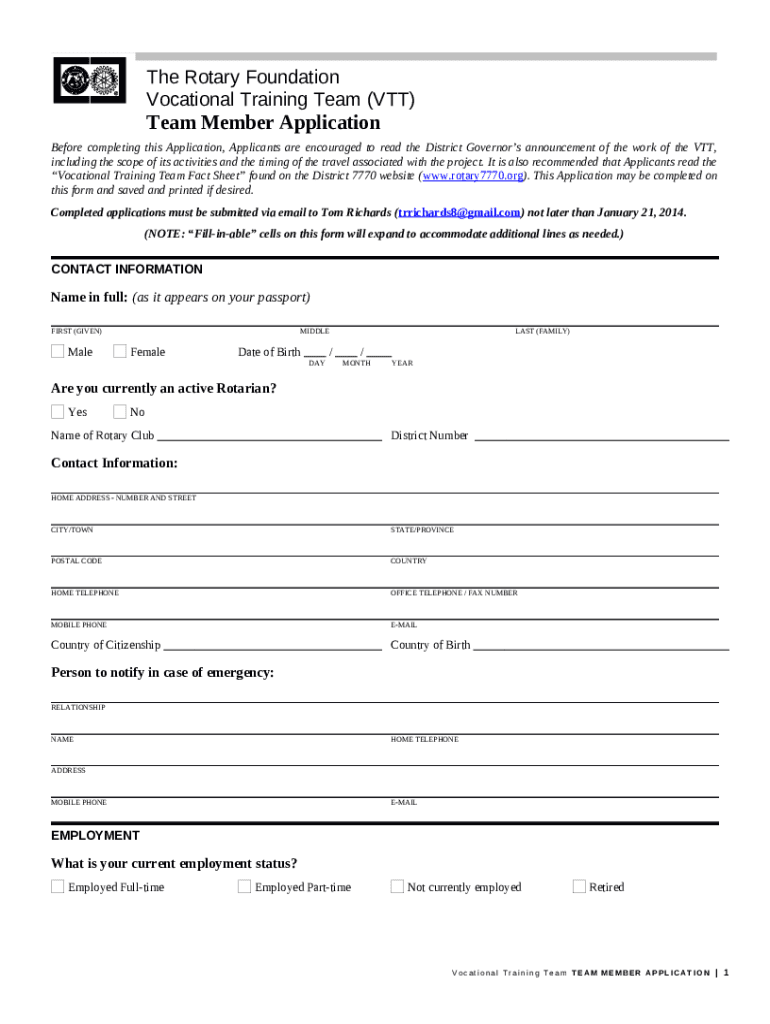 Vocational Training Team Member Application -My Rotary Doc Template | pdfFiller